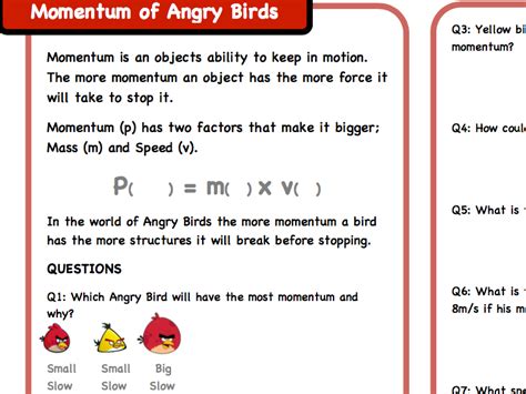 Angry Birds Momentum Questions Teaching Resources