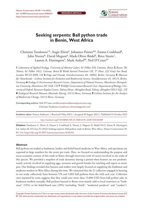 Pdf Seeking Serpents Ball Python Trade In Benin West Africa