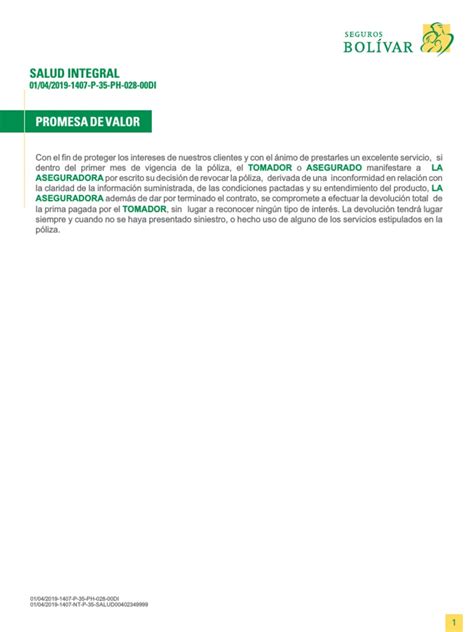 Salud Integral Seguros Bolivar Pdf Pdf Póliza De Seguros Psicosis