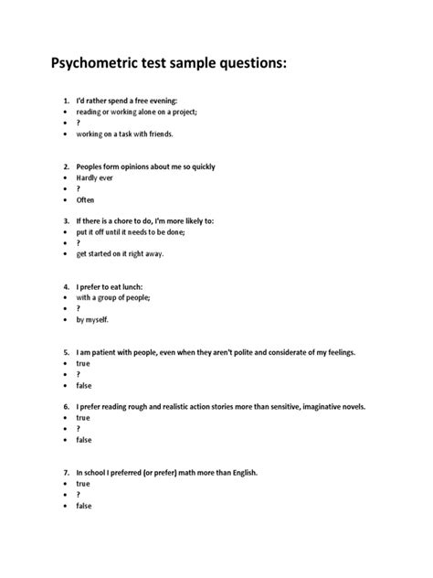 Psychometric Test Sample Questions Pdf Psychology Psychological