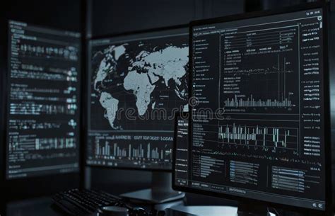 Computer Screens Showing World Map And Data Analysis Charts In A Dark