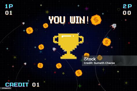 You Win이라는 텍스트와 큰 황금 컵과 금화가 있는 8비트 픽셀 아트 복고풍 미래파 공상 과학 배경 빛나는 네온 그리드 그리고 빈티지 아케이드 컴퓨터 게임의 별 개념에