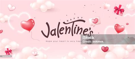 발렌타인 데이 카드 또는 하트 모양의 풍선과 분홍색 하늘에 텍스트 디자인이 있는 배너 배경 개념에 대한 스톡 벡터 아트 및 기타 이미지 개념 공휴일 광고 Istock