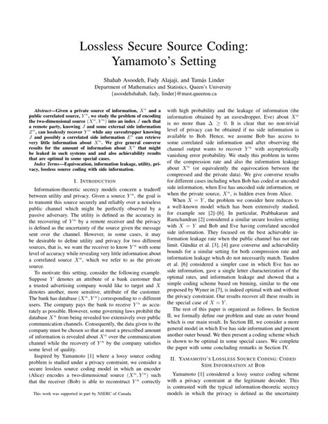 Pdf Lossless Secure Source Coding Yamamotos Setting