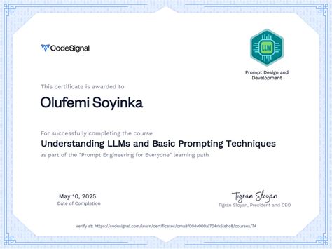 Course Certificate For Understanding Llms And Basic Prompting Techniques Olufemi Soyinka