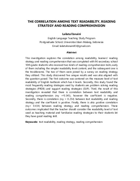 Pdf The Correlation Among Text Readability Reading Strategy And