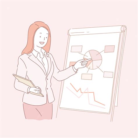 Деловая женщина анализирует круговую диаграмму в стиле линии иллюстрации Премиум векторы