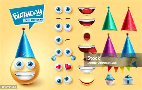 생일 이모티콘 키트 작성자 벡터 세트 이모티콘 3d 출생일 캐릭터와 편집 가능한 얼굴 부품 파티 모자 페넌트 기프트 등의 요소로 귀여운 얼굴 반응 컬렉션 디자인 3차원