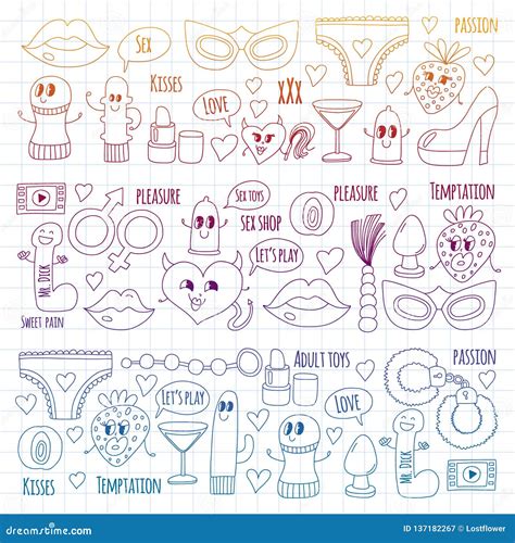 Funny Icons For Sex Shop Cute Cartoon Characters Dildo Strawberry Condom Heart Love And