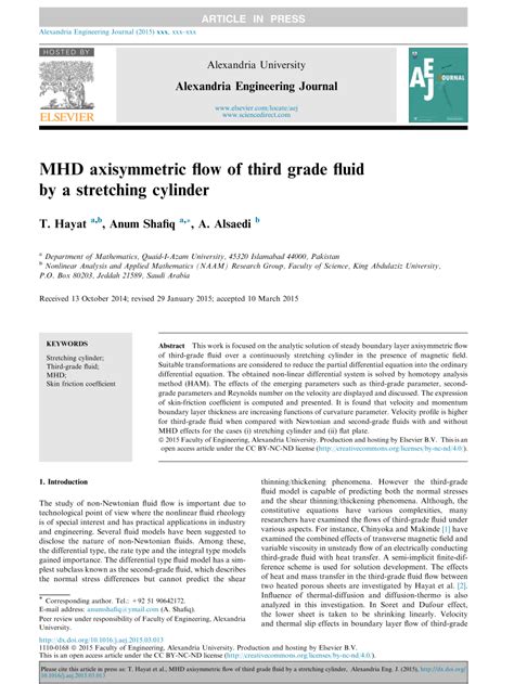 Pdf Mhd Axisymmetric Flow Of Third Grade Fluid By A Stretching Cylinder