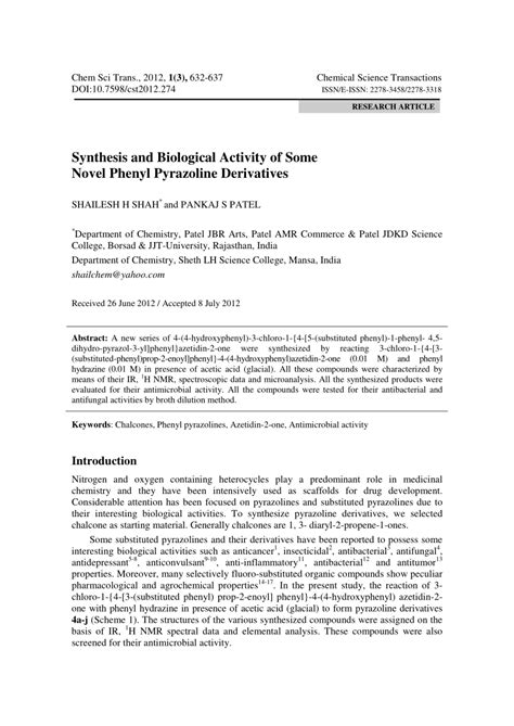 Pdf Synthesis And Biological Activity Of Some Novel Phenyl Pyrazoline Derivatives