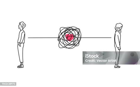 복잡 한 커플 사랑 관계 문제 낙서 그림 벡터 일러스트 레이 션 서 있는 소년과 소녀 다시 얽힌 지저분한 낙서 연결 라인 커플에 대한 스톡 벡터 아트 및 기타 이미지