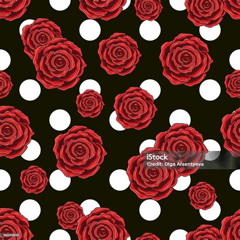 큰 물방울 무늬 장식이 있는 패턴 검은 배경에 다양한 크기의 빨간 장미가 피고 있다 단순하고 눈에 띄며 세련된 밝은 그림입니다 인쇄물 의류 표면 디자인 0명에 대한 스톡