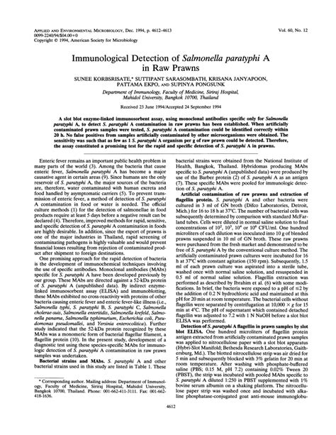 Pdf Immunological Detection Of Salmonella Paratyphi A In Raw Prawns