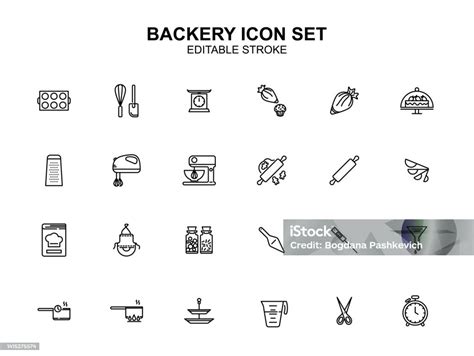 베이커리 기구 벡터 아이콘 세트 편집 가능한 스트로크 홈 베이커 도구 그림 숟가락 포크 나이프 가위 브러시 털 커터 주걱 등