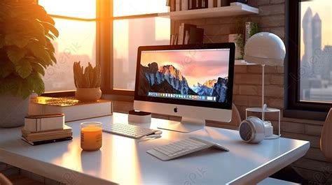 현대적인 홈 오피스 인테리어에 현대적인 Pc 데스크탑의 놀라운 3d 렌더링 현대적 배경 테이블 램프 배경 테리 배경 이미지 Hd 현대적 테이블 램프 테리 배경