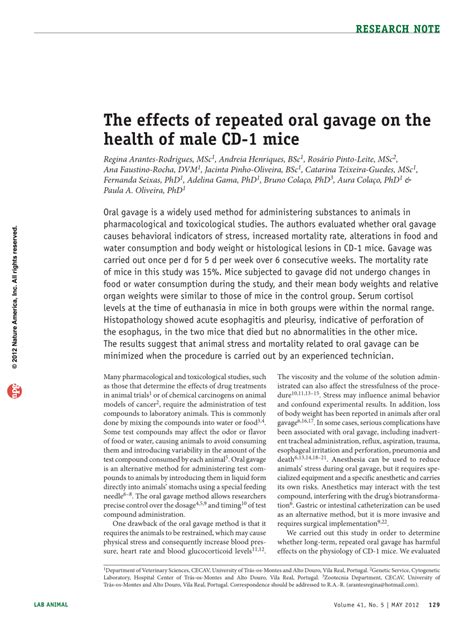 Pdf The Effects Of Repeated Oral Gavage On The Health Of Male Cd 1 Mice