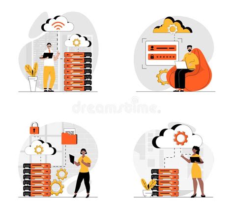 Cloud Data Center Concept With Character Set Collection Of Scenes People Work In Server Room