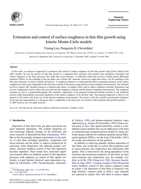 Pdf Estimation And Control Of Surface Roughness In Thin Film Growth Using Kinetic Monte Carlo