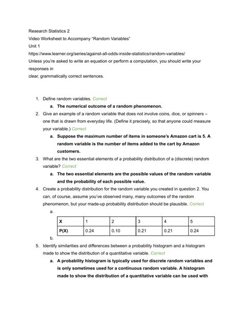 Random Variables Worksheet Statistics Practice
