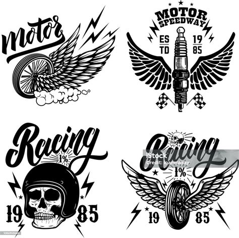 오토바이 모터 바퀴 경주 엠 블 럼 템플릿의 집합입니다 날개입니다 레이블 상징 기호 포스터 T셔츠를 위한 디자인 요소입니다 복고풍에 대한 스톡 벡터 아트 및 기타 이미지