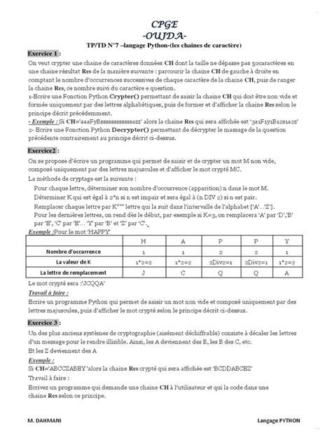 Tp Td N°7 Python Cpge Chaine De Caractere Pdf