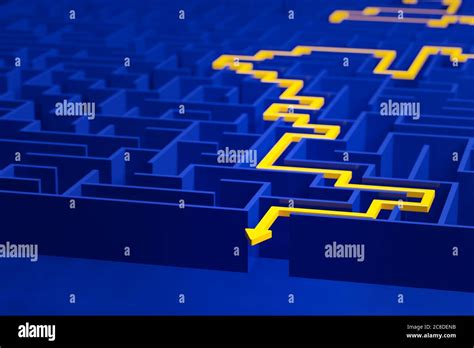 3d Render Concept Solving A Complex Problem Blue Maze With Yellow Solution Path With Arrow