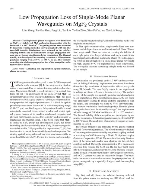 Pdf Low Propagation Loss Of Single Mode Planar Waveguides On Mgf Crystals