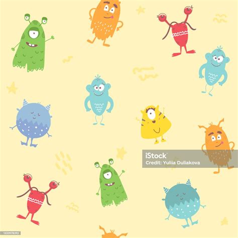 귀여운 괴물 유치한 매끄러운 패턴 트렌디 한 벡터 배경 어린이 의류 직물 섬유 보육 장식 포장지에 적합합니다 손 그리기 Monster Jam에 대한 스톡 벡터 아트 및 기타