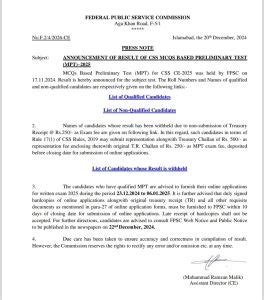 FPSC Releases CSS MPT 2025 Result Check List Of Qualified Candidates Inside Daily Ausaf