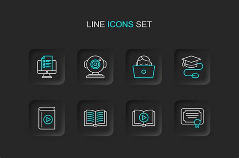 라인 인증서 템플릿 오디오 북 열기 마우스가 있는 졸업 모자 학생 작업 노트북 웹 카메라 및 온라인 퀴즈 테스트 설문 조사