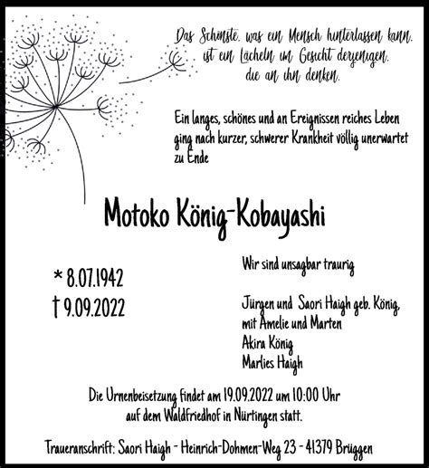 Alle Traueranzeigen Für Motoko König Kobayashi Trauerrp Onlinede