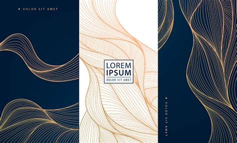 벡터 컬렉션 디자인 요소 세트 라벨 프레임 청첩장 소셜 넷 스토리 포장 고급 제품 향수 비누 와인 로션 물결 모양의 선 황금 배경 패턴 0명에 대한 스톡 벡터 아트 및 기타