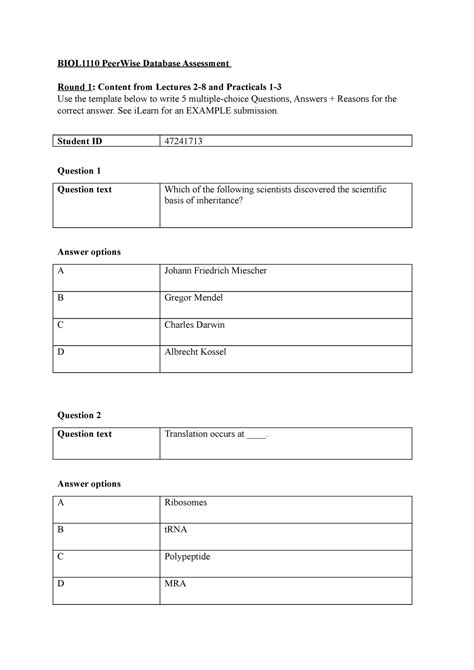 Data Base Assignment Assignemnt Biol1110 Peerwise Database