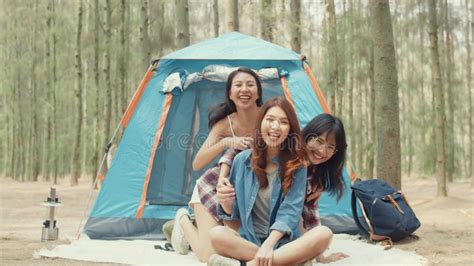 Group Of Young Asia Camper Friends Camping Near Relax Enjoy Moment In