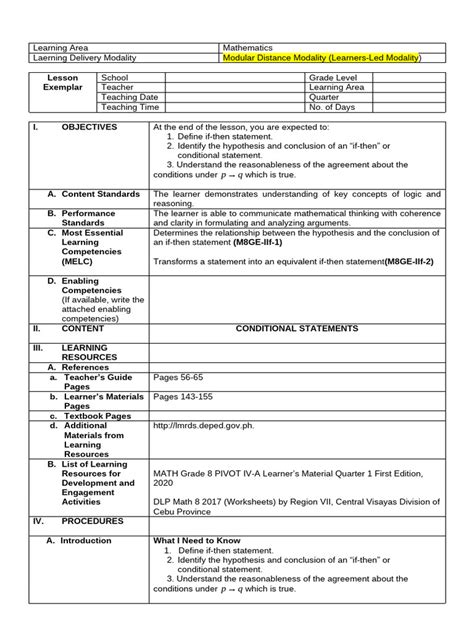 Lesson Exemplar Demo Teaching Conditional Statements Pdf Rectangle