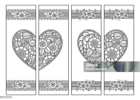 책 인쇄 북마크 색칠 멘디 스타일의 하트와 꽃 패턴이있는 흑백 라벨 세트 컬러 연필어린이와 어른의 창의력을 위한 장식품 스케치 검은색에 대한 스톡 벡터 아트 및 기타 이미지