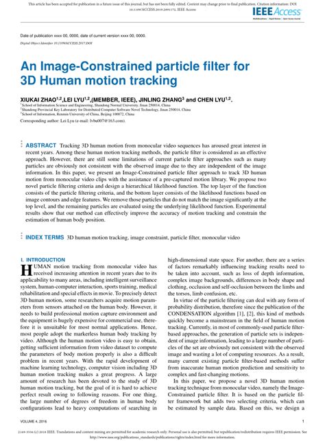 Pdf An Image Constrained Particle Filter For 3d Human Motion Tracking
