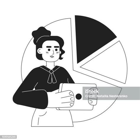 젊은 여성 기업가가 마케팅 계획을 발표하고 있다 흑백 개념 벡터 스팟 일러스트레이션 2차 도형에 대한 스톡 벡터 아트 및 기타