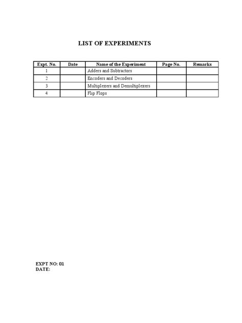 list of experiments expt no date name of the experiment page no remarks pdf field
