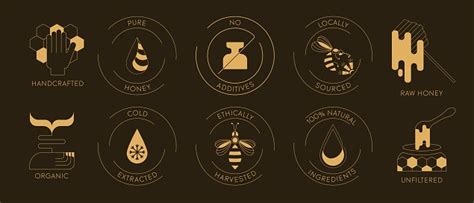 미니멀리스트 스타일의 꿀과 꿀벌 제품에 대한 골드 품질 인증 아이콘 꿀 밀랍 꽃가루 로얄 젤리 및 양봉 도구에 대한 삽화 양봉가 웹사이트 브랜딩에 적합합니다 꿀벌에 대한