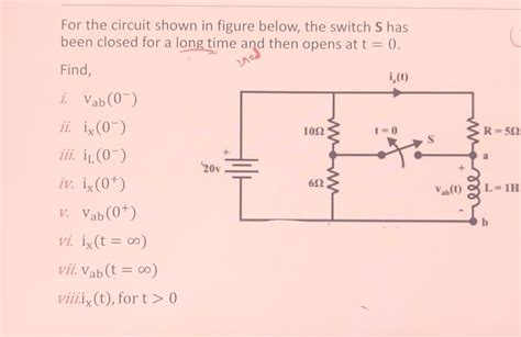 Solved For the circuit shown in figure below, the switch S | Chegg.com