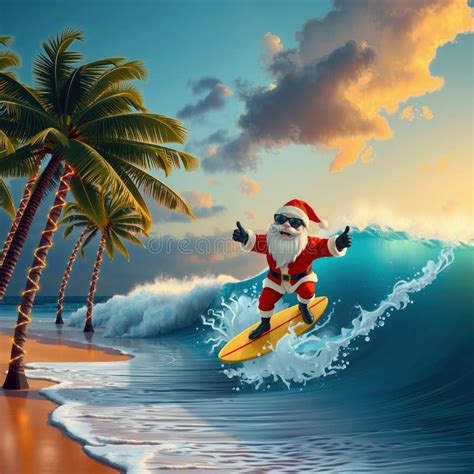 Santa Claus Surfing On A Wave In Tropical Paradise Ai Generation Stock