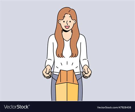 Woman Holds Paper Bag And Looks At Screen Showing Vector Image
