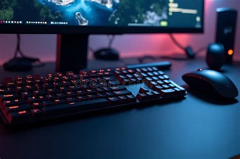 A Gaming Setup With A Glowing Keyboard Monitor Mouse And Sleek Black Computer Stock