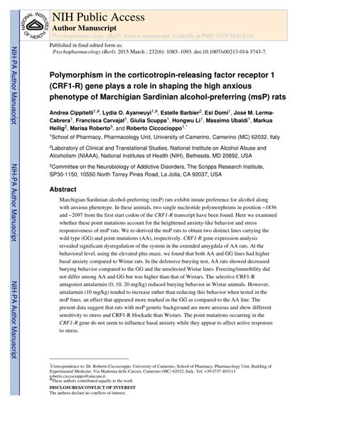 Pdf Polymorphism In The Corticotropin Releasing Factor Receptor 1