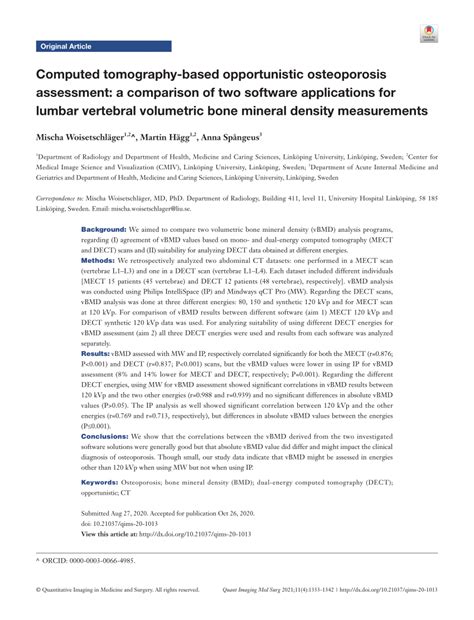 Pdf Computed Tomography Based Opportunistic Osteoporosis Assessment A Comparison Of Two