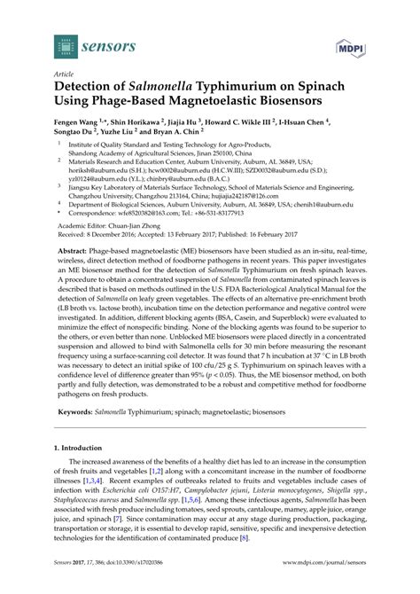 Pdf Detection Of Salmonella Typhimurium On Spinach Using Phage Based Magnetoelastic Biosensors