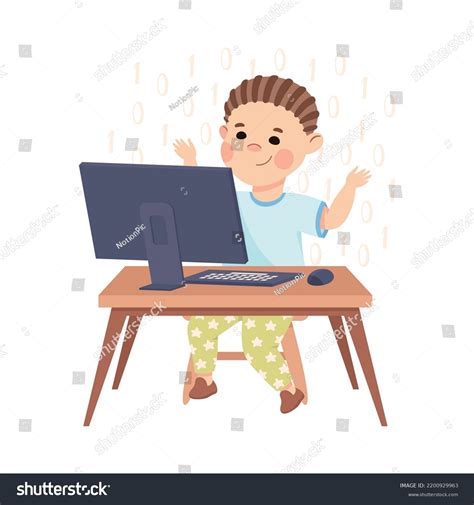 Little Boy Sitting Computer Coding Programming Stock Vector Royalty