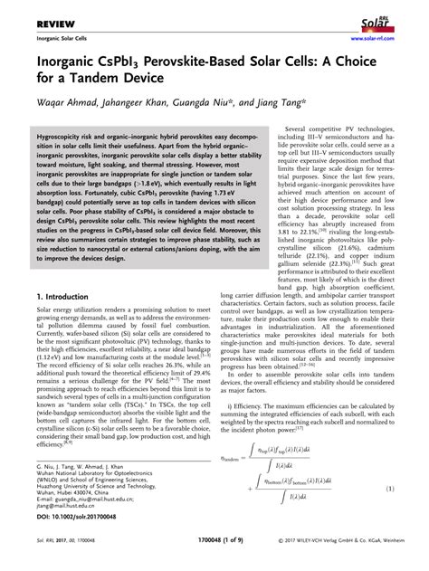 Pdf Inorganic Cspbi3 Perovskite Based Solar Cells A Choice For A Tandem Device